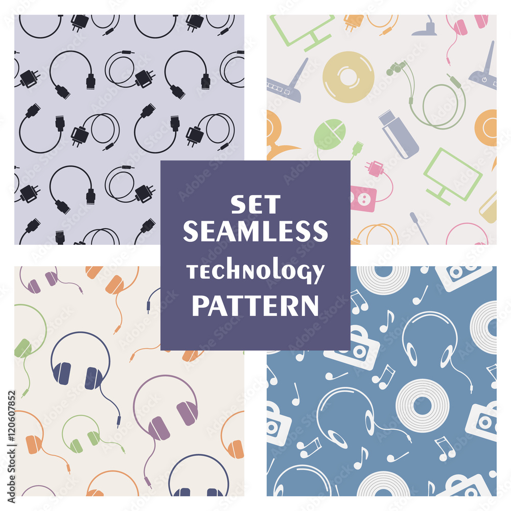 Set of seamless technology vector patterns, with colorful icons of PC ...