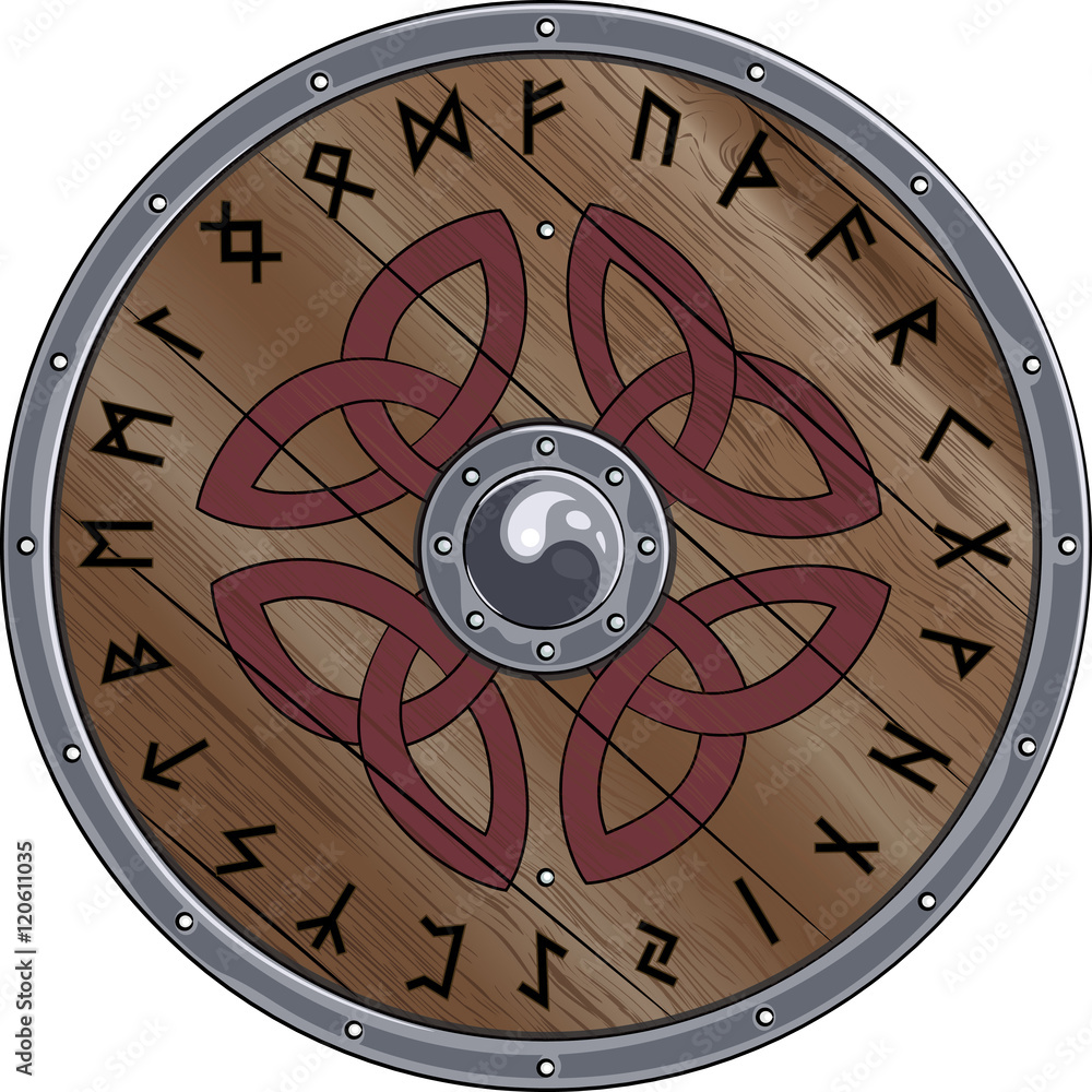 Round shield of the Viking is decorated with Scandinavian ornament and ...