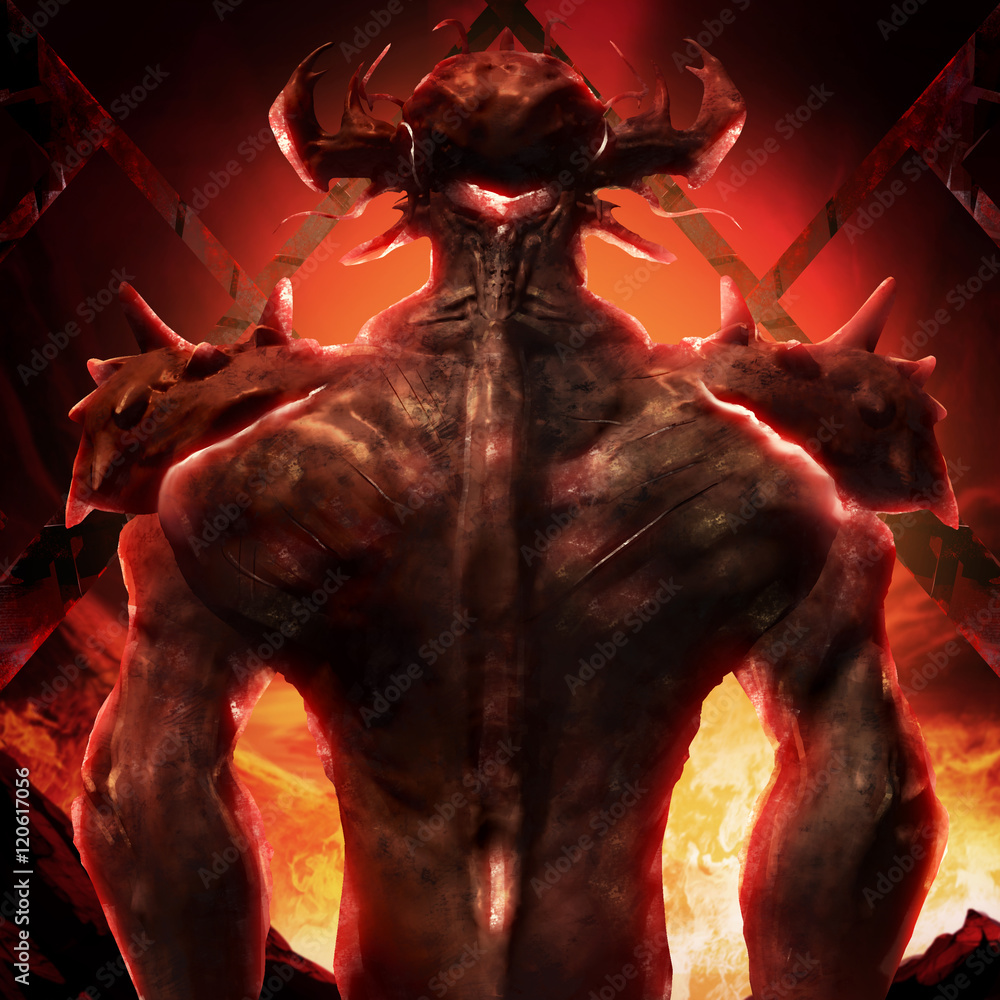 3D illustration of a devil back art. Artwork of a muscle built hell ...