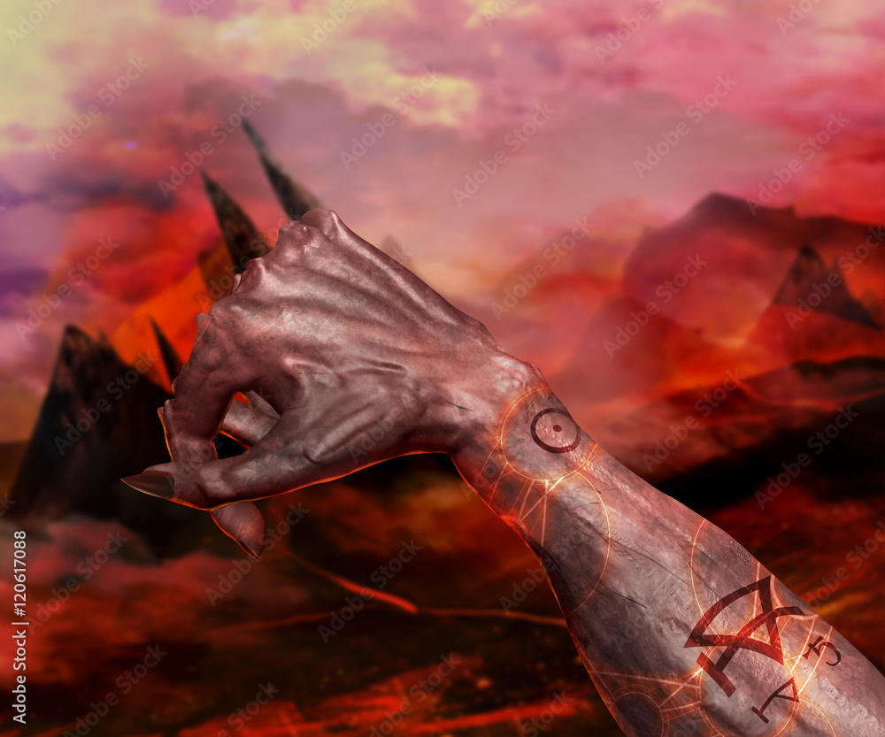 3D illustration of a passive position demonic hand. 3d first person ...