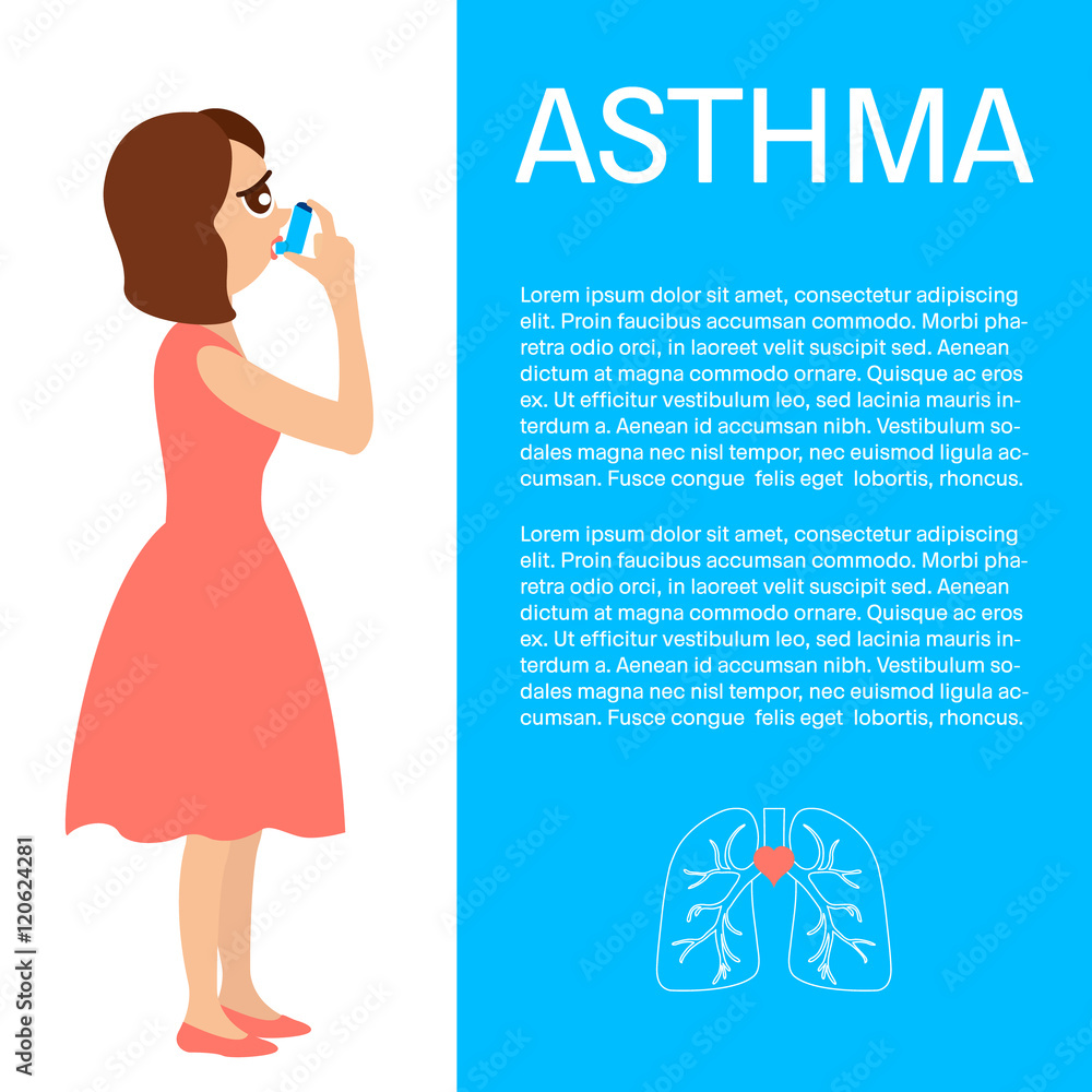 Woman using a spray inhaler to stop asthma attack. Asthma design ...