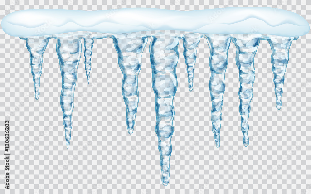 Hanging icicles with snow on transparent background. Transparency only ...