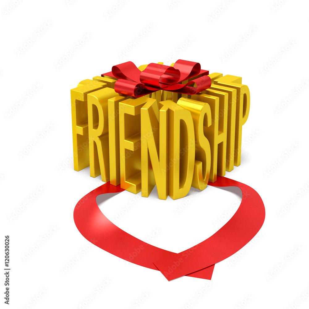 Friendship creative concept. Golden word as gift box with open red ...