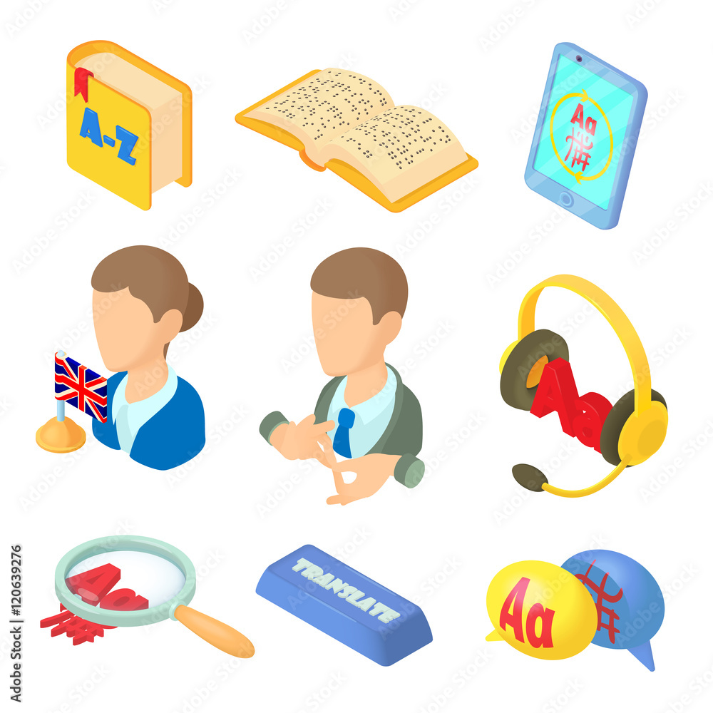 Learning foreign languages icons set in cartoon style. Language ...