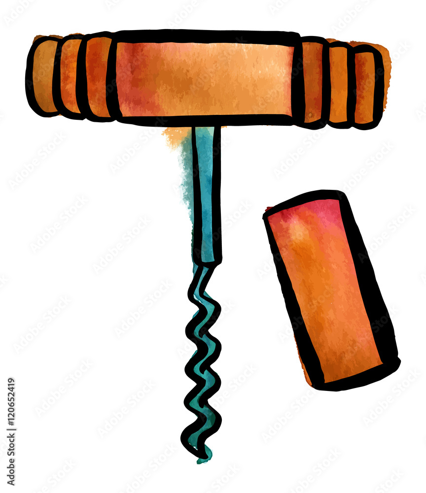 Freehand vector and watercolor drawing of corkscrew with cork Stock ...