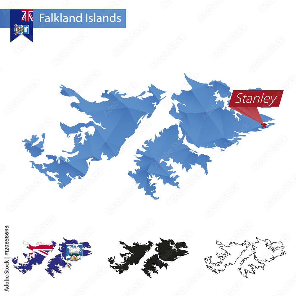 Falkland Islands blue Low Poly map with capital Stanley. Stock Vector ...