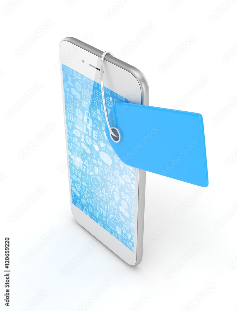 White smart phone with blue price tag on white background ...