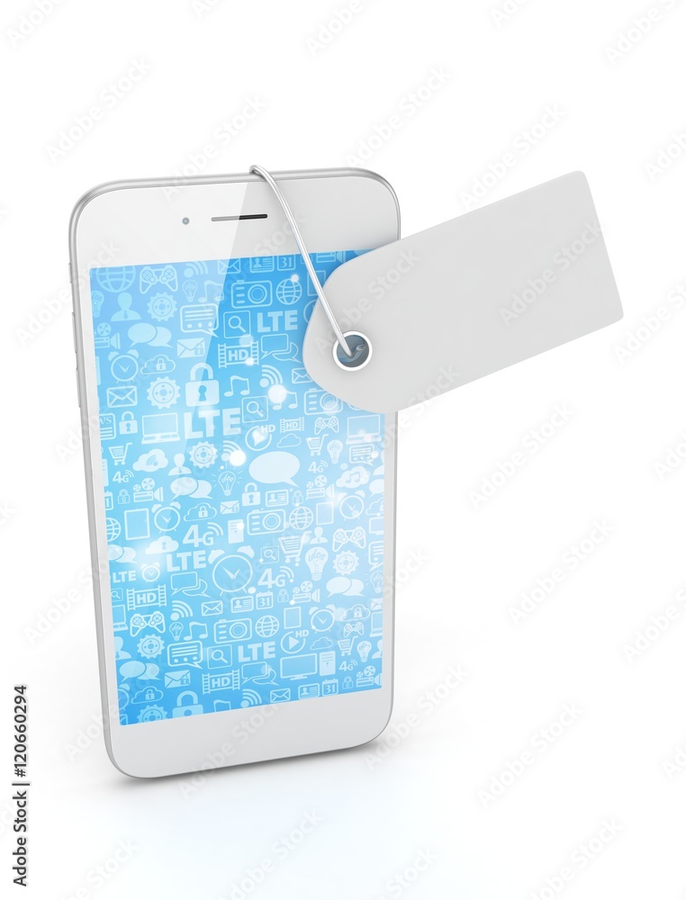 White smart phone with white price tag on white background ...