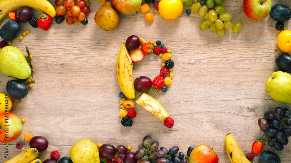 Fruits made letter R. The letters are made up of fruits. The ...