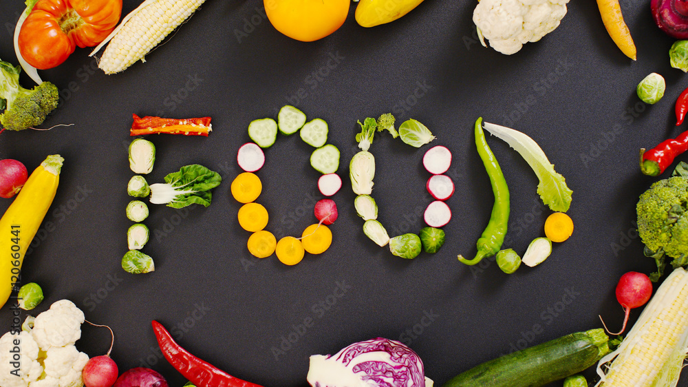 Vegetables made word food. Vegetables on a black background. Word food ...