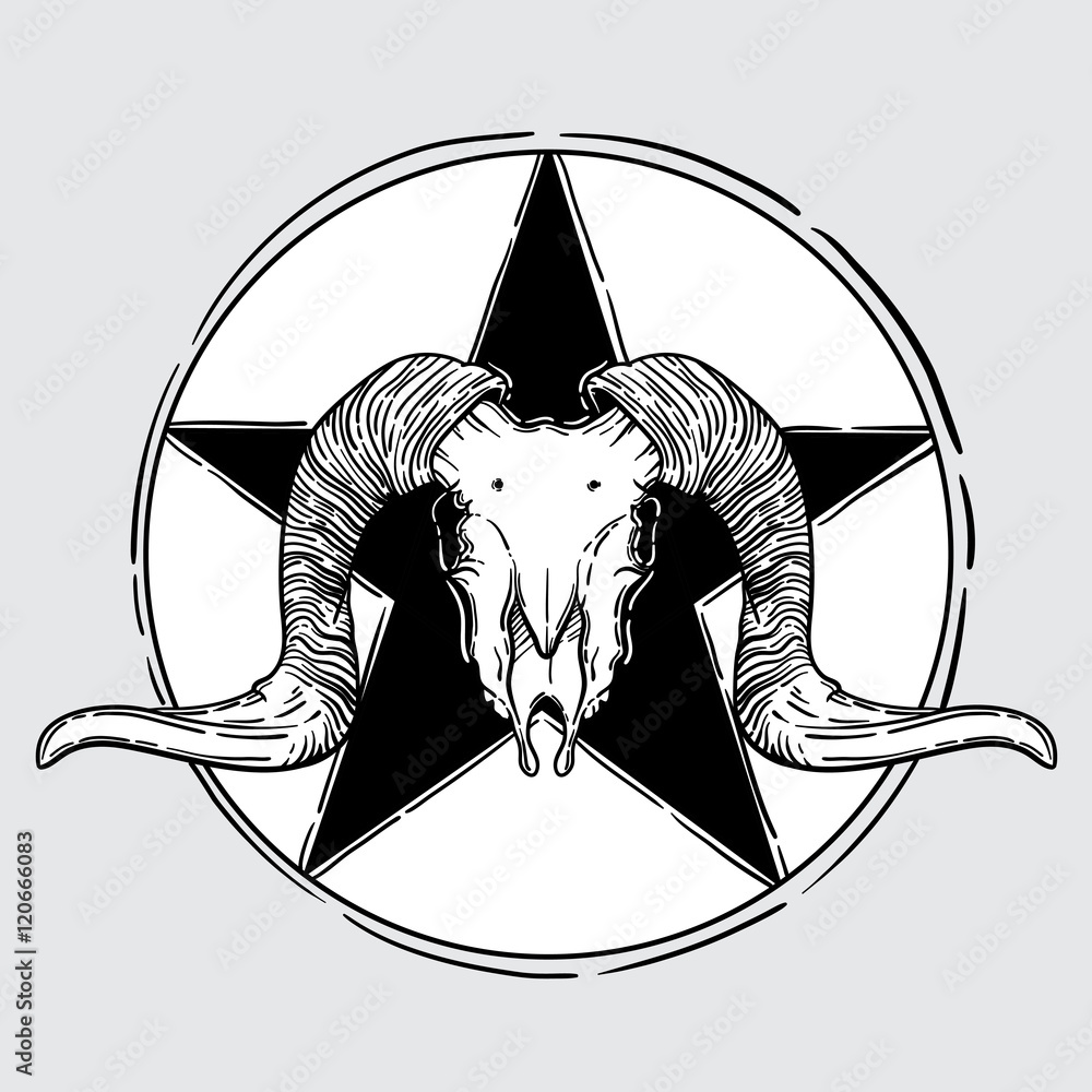 Ram skull vector illustration. occult symbol. sheep and star in a ...