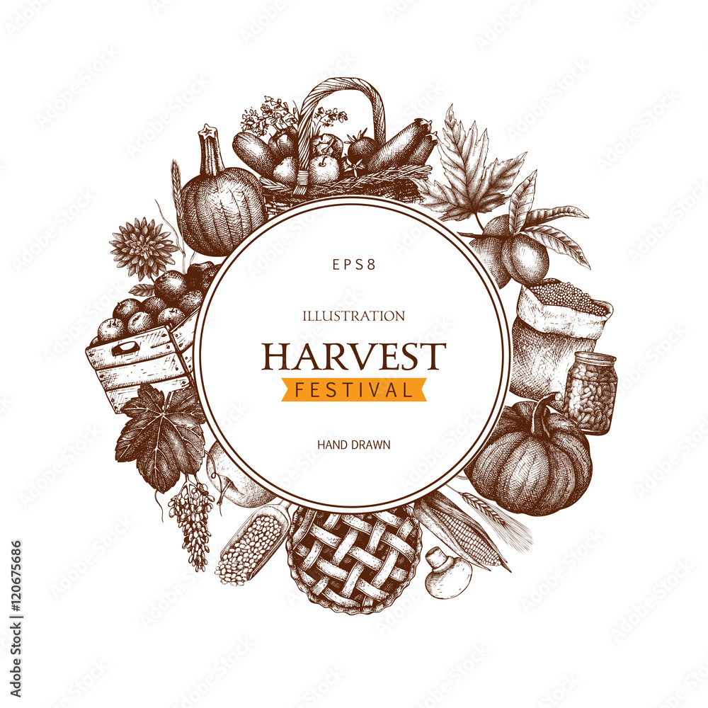 Vintage design with hand drawn harvest sketch. Vector frame with autumn ...