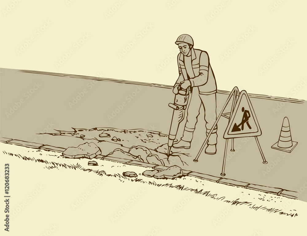 Vector drawing. Roadworks. Construction worker with jackhammer Stock ...