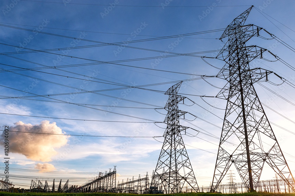 Poster Sunset over a Silhouette electrical substation – Wall Art ...