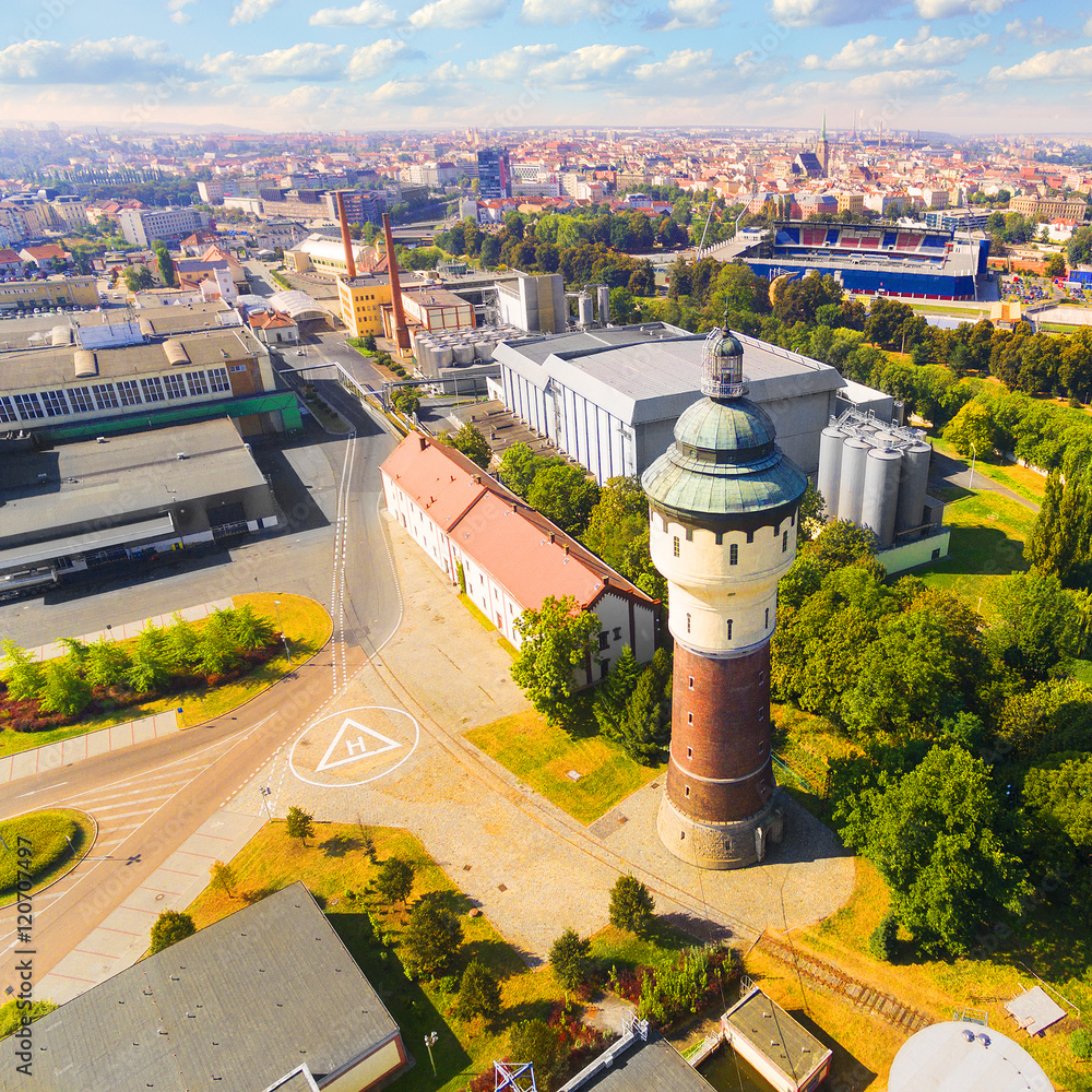 Aerial view to Pilsener brewery and medieval center of Pilsen. Here's ...