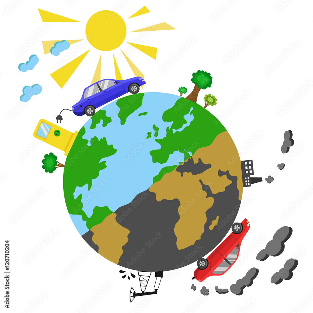 Cars with electric and petrol motors on Earth planet. Color vector ...