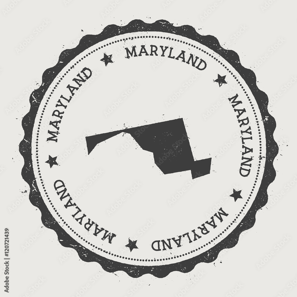 Maryland vector sticker. Hipster round rubber stamp with US state map ...