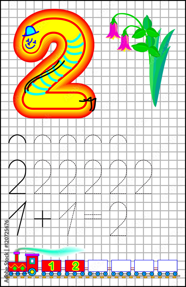 Educational page for children on a square paper with number 2 ...