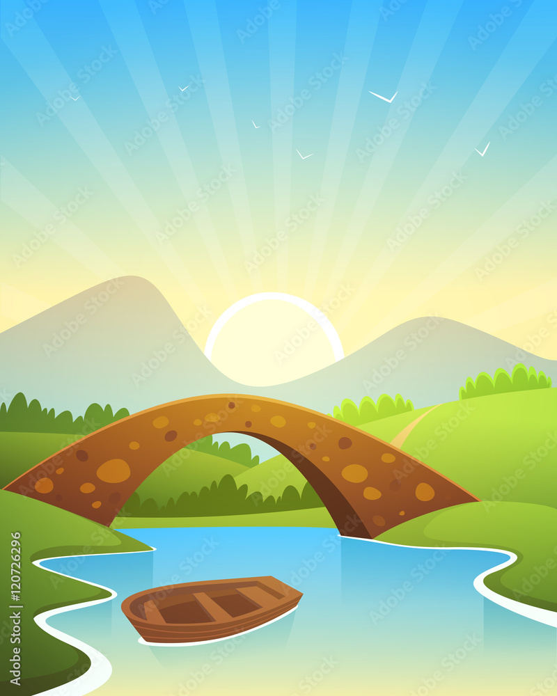 Cartoon summer landscape, river, bridge and boat. Stock Vector | Adobe ...