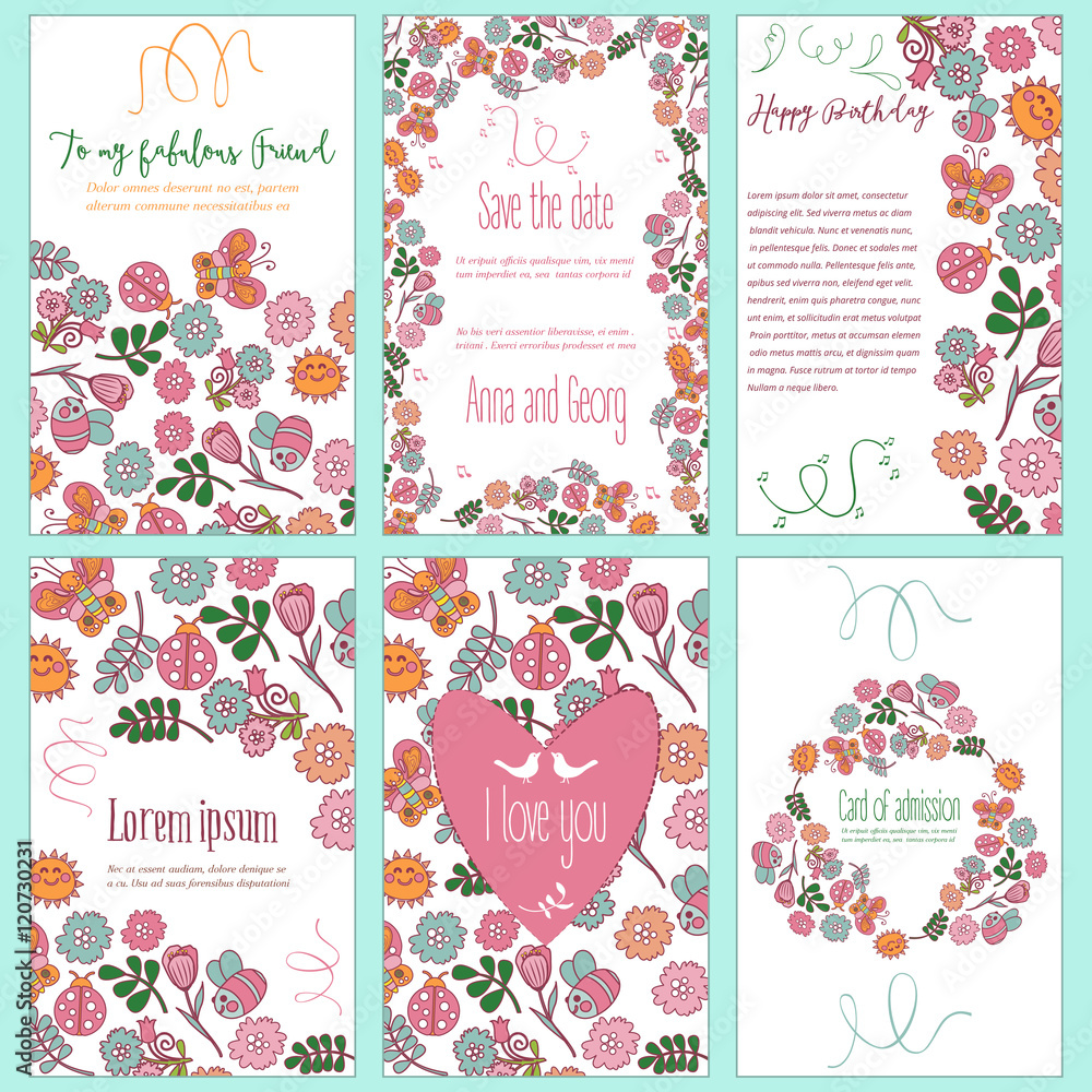 Set of flower invitation cards. Invite wedding. Wedding, happy birthday ...