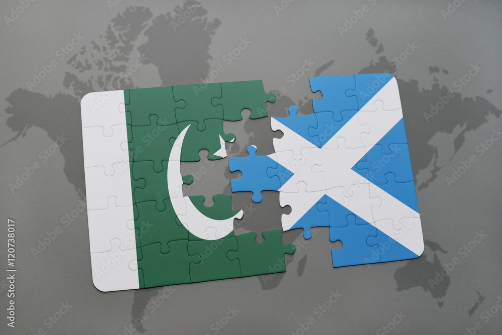 puzzle with the national flag of pakistan and scotland on a world map ...