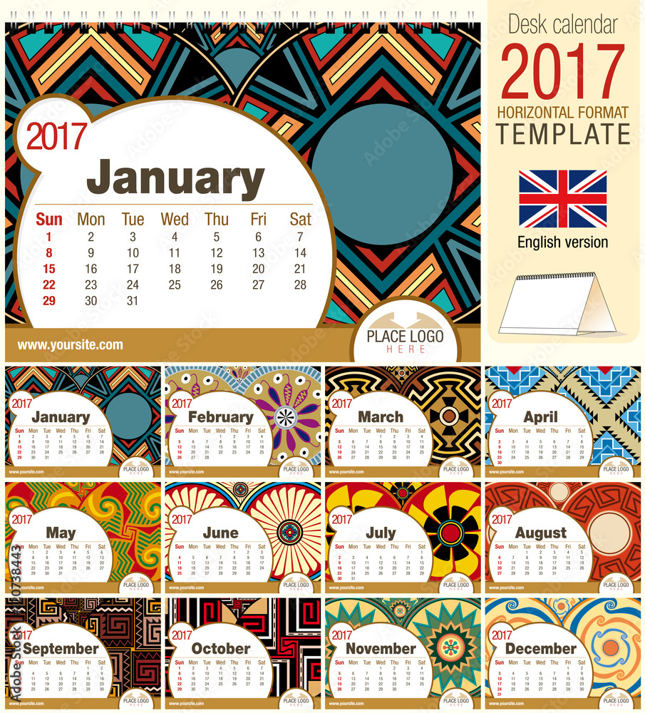Desk triangle calendar 2017 template with native rosettes design. Size ...