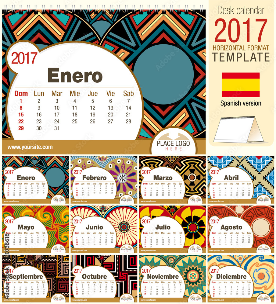 Desk triangle calendar 2017 template with native rosettes design. Size ...