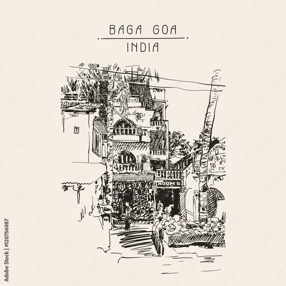 original drawing of India Goa Calangute Baga landscape street, t Stock ...