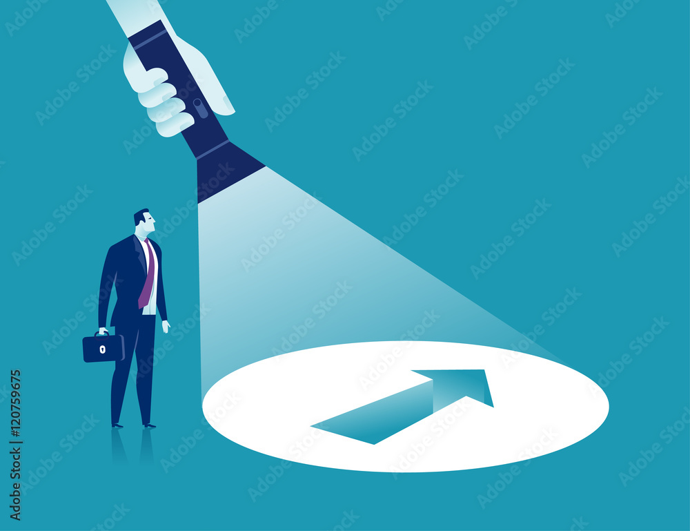 Uncover Direction. A hand holding a flashlight uncovering hidden arrow ...