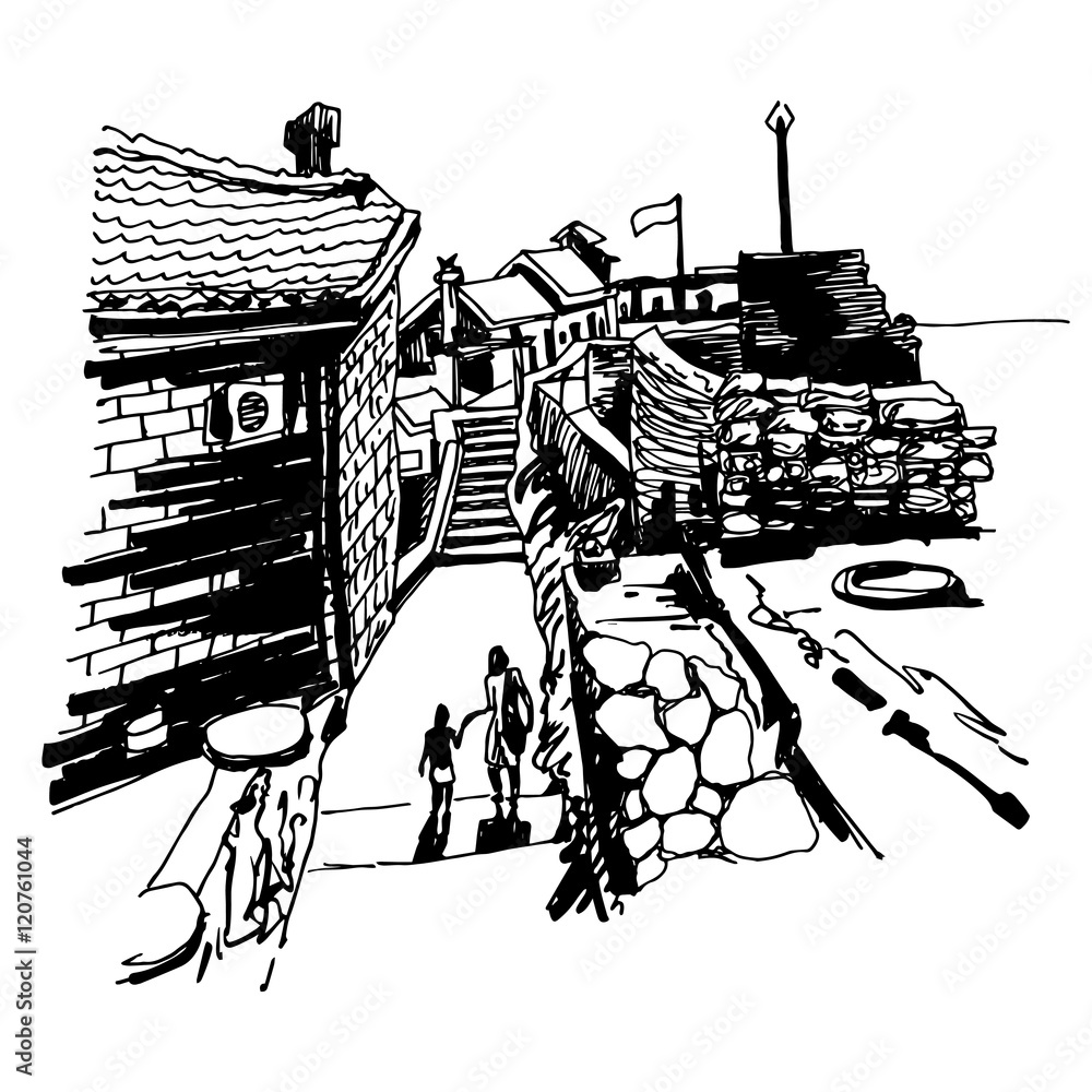 original black and white ink sketch drawing of ancient fort in P Stock ...