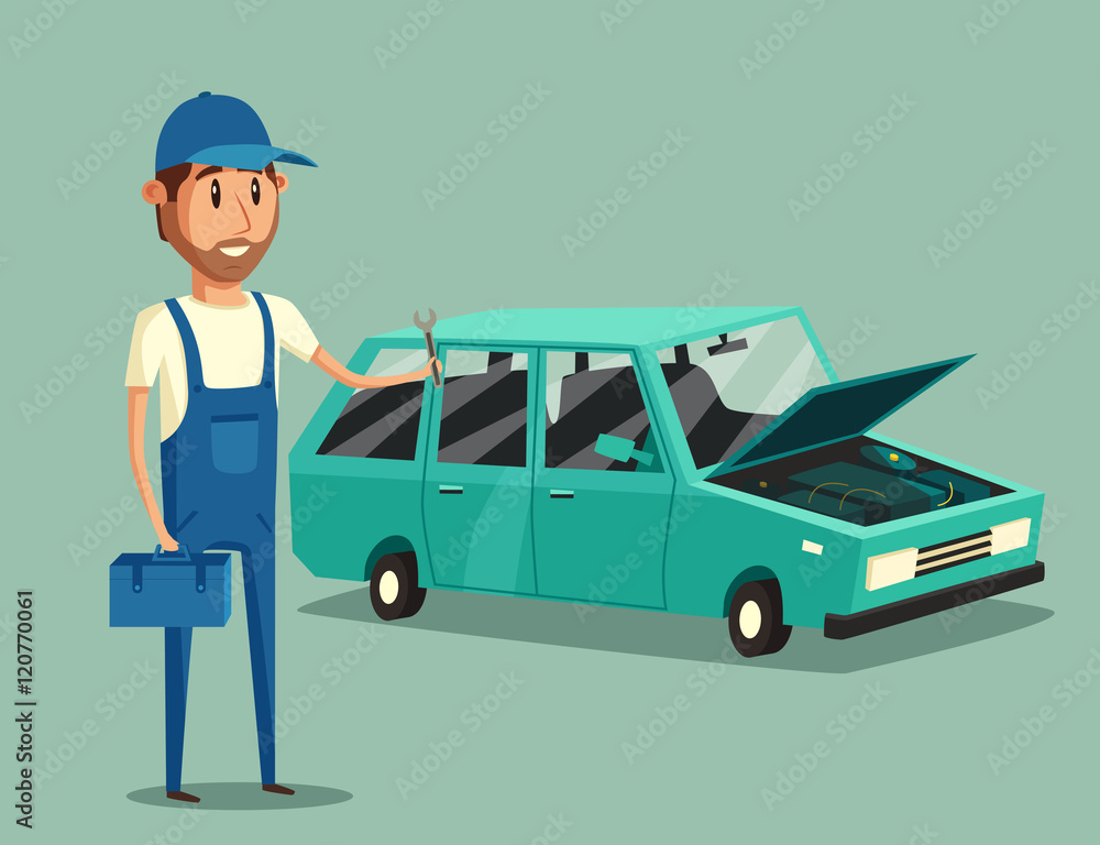Car repair. Funny mechanic. Vector cartoon illustration Stock Vector ...