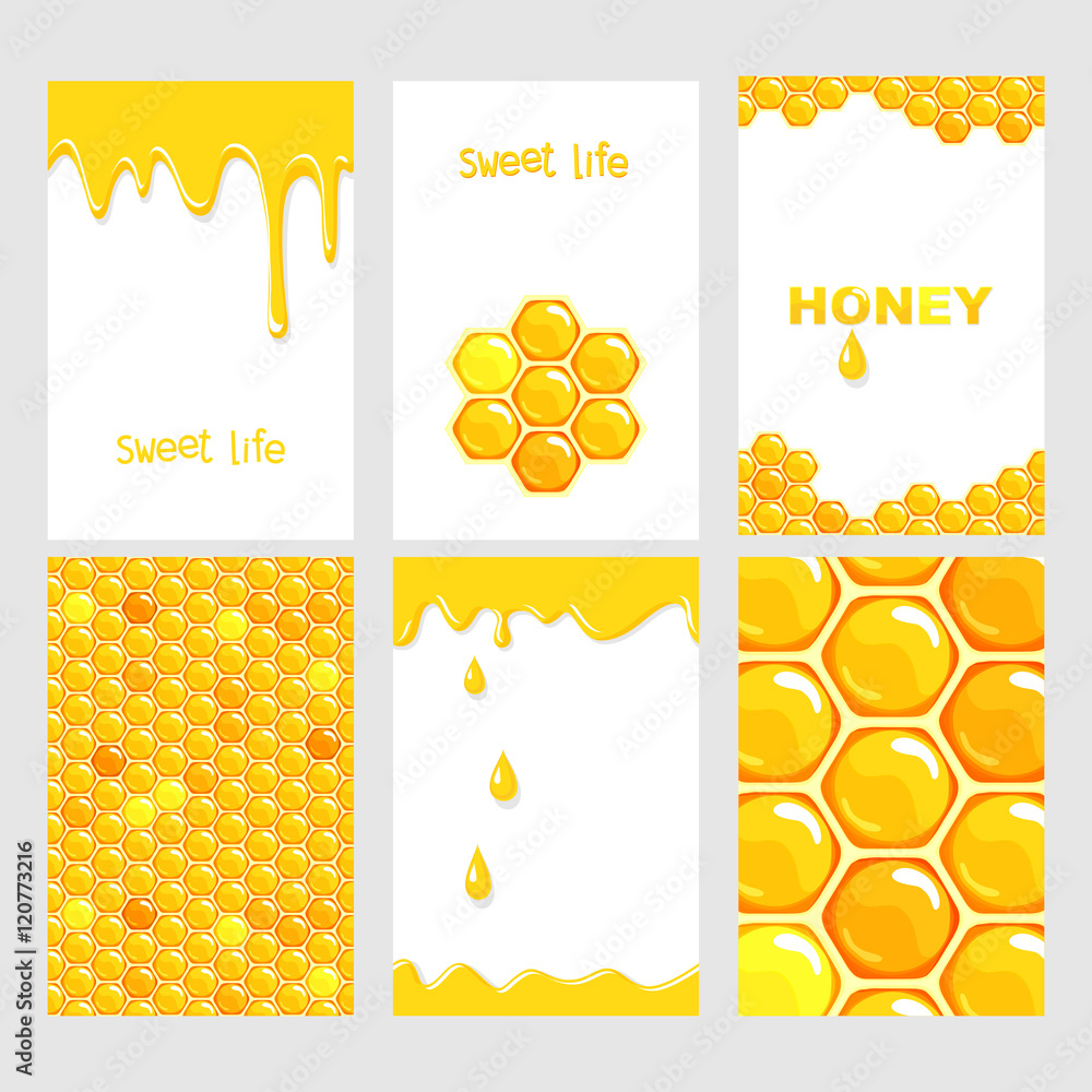 Vecteur Stock Set of bright food cards. Set of honey. Honeycomb pattern ...