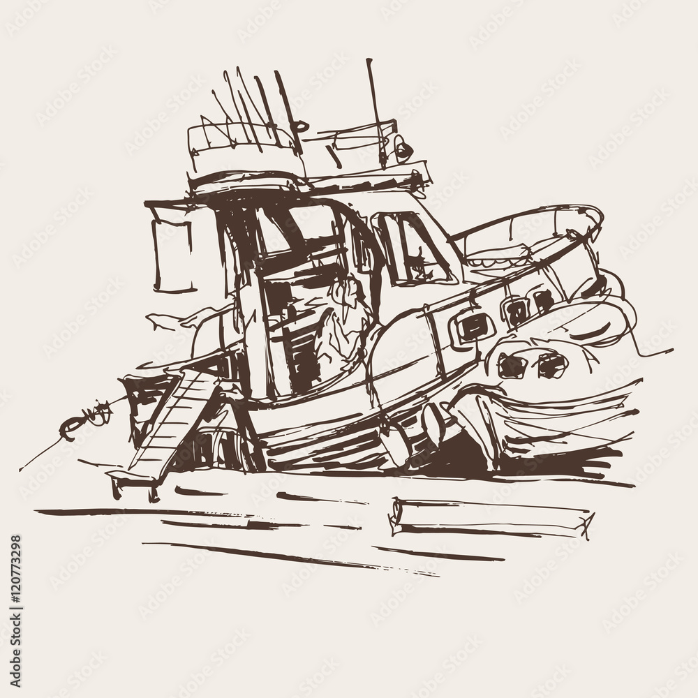 ink sketch drawing of boat in marine, travel vector illustration Stock ...