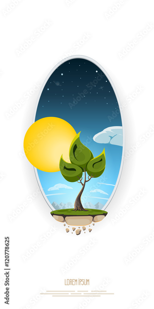 Vector abstract illustration tree, flying island land on background sky ...
