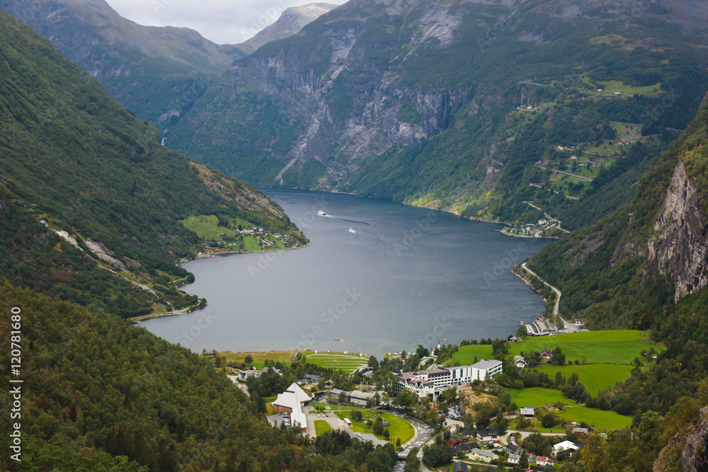 Famous Norwegian fjord, Geirangerfjord, with a Geiranger town in summer ...