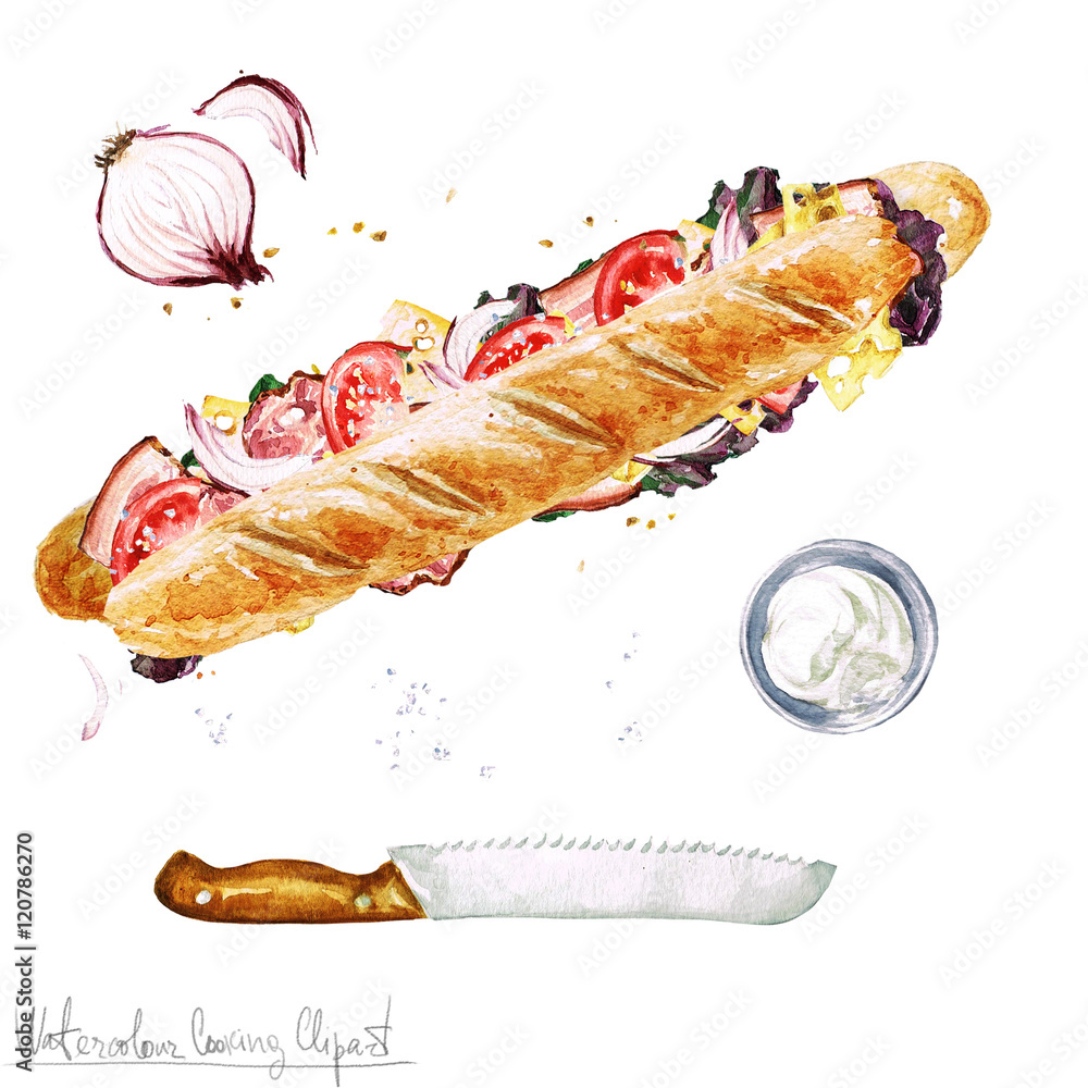 Watercolor Food Clipart - Submarine Sandwich Stock Illustration | Adobe ...