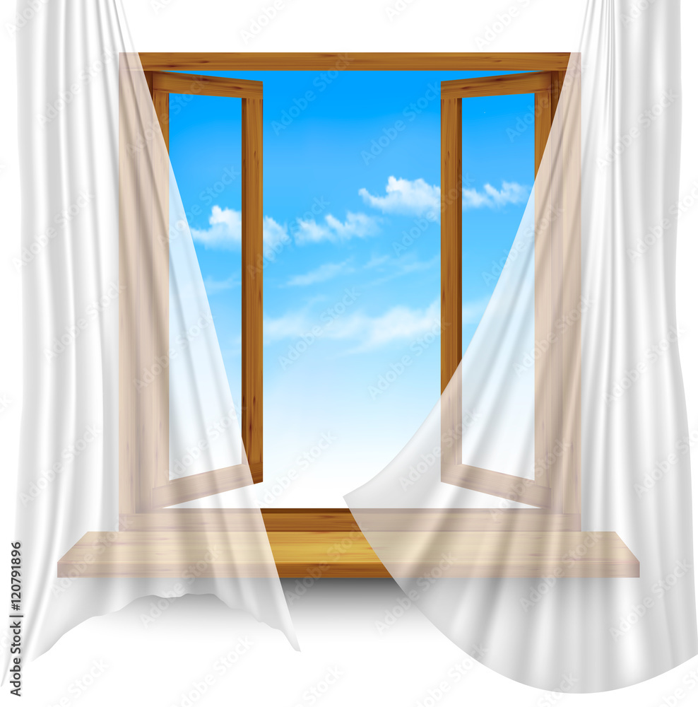 Wooden window frame with curtains on a transparent background. Vector ...