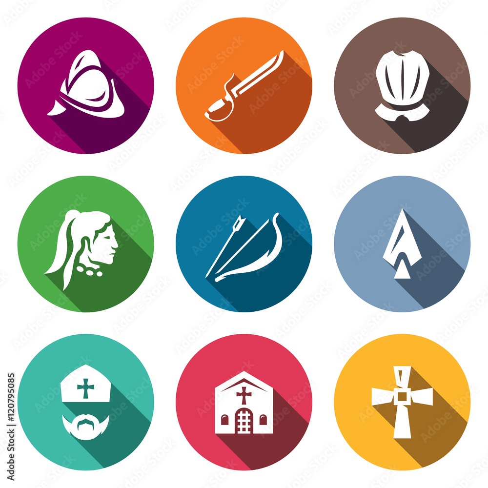 Vector Set of Spanish Conquistador Icons. Helmet, Saber, Armor, Native ...