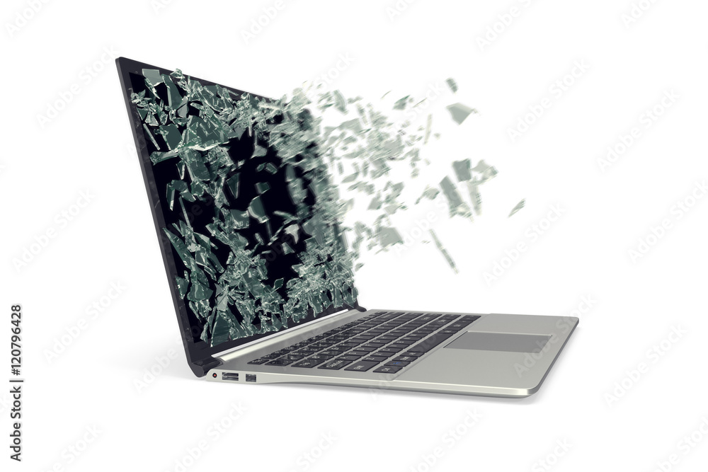 Modern metal laptop with broken screen isolated on white background. 3d ...