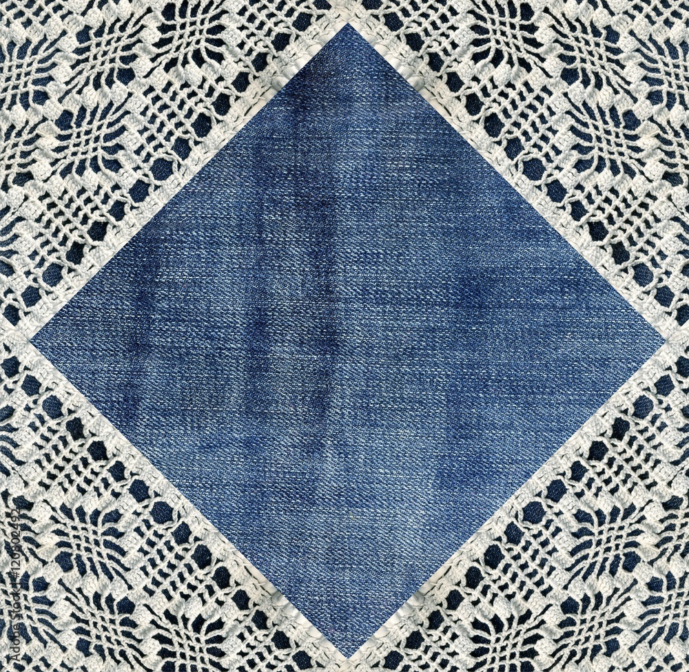 Jeans and lace. Background with denim and handmade lace. Vintage ...