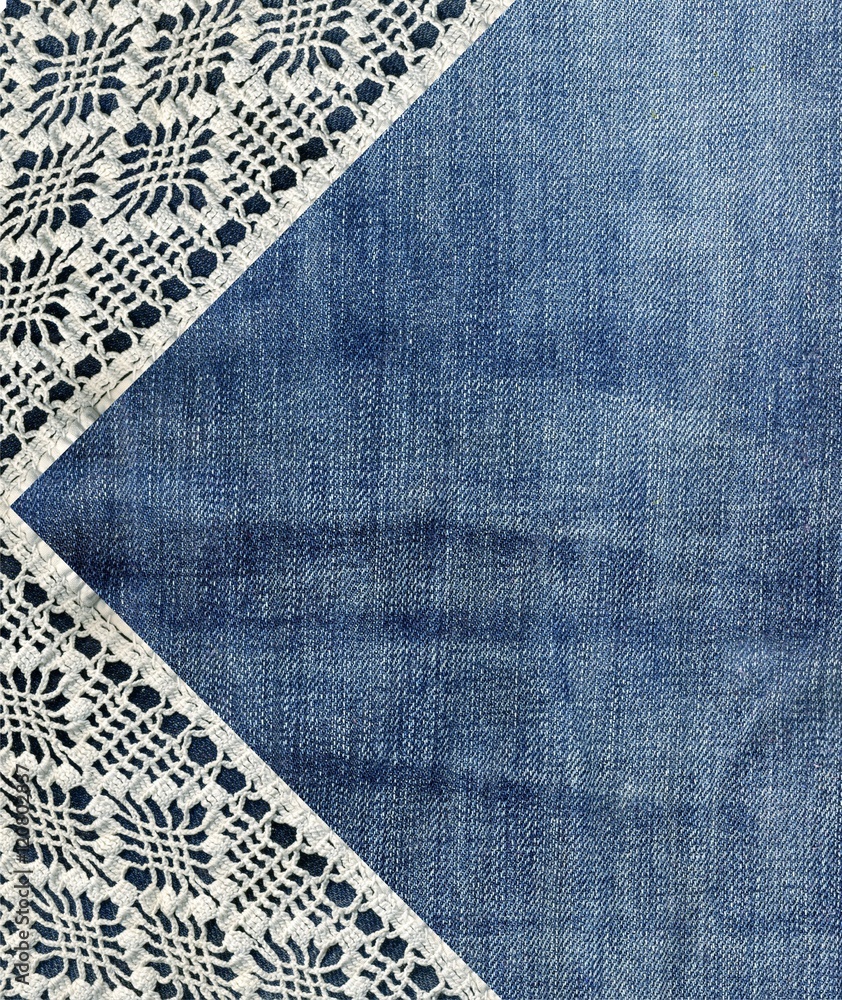 Jeans and lace. Background with denim and handmade lace. Vintage ...
