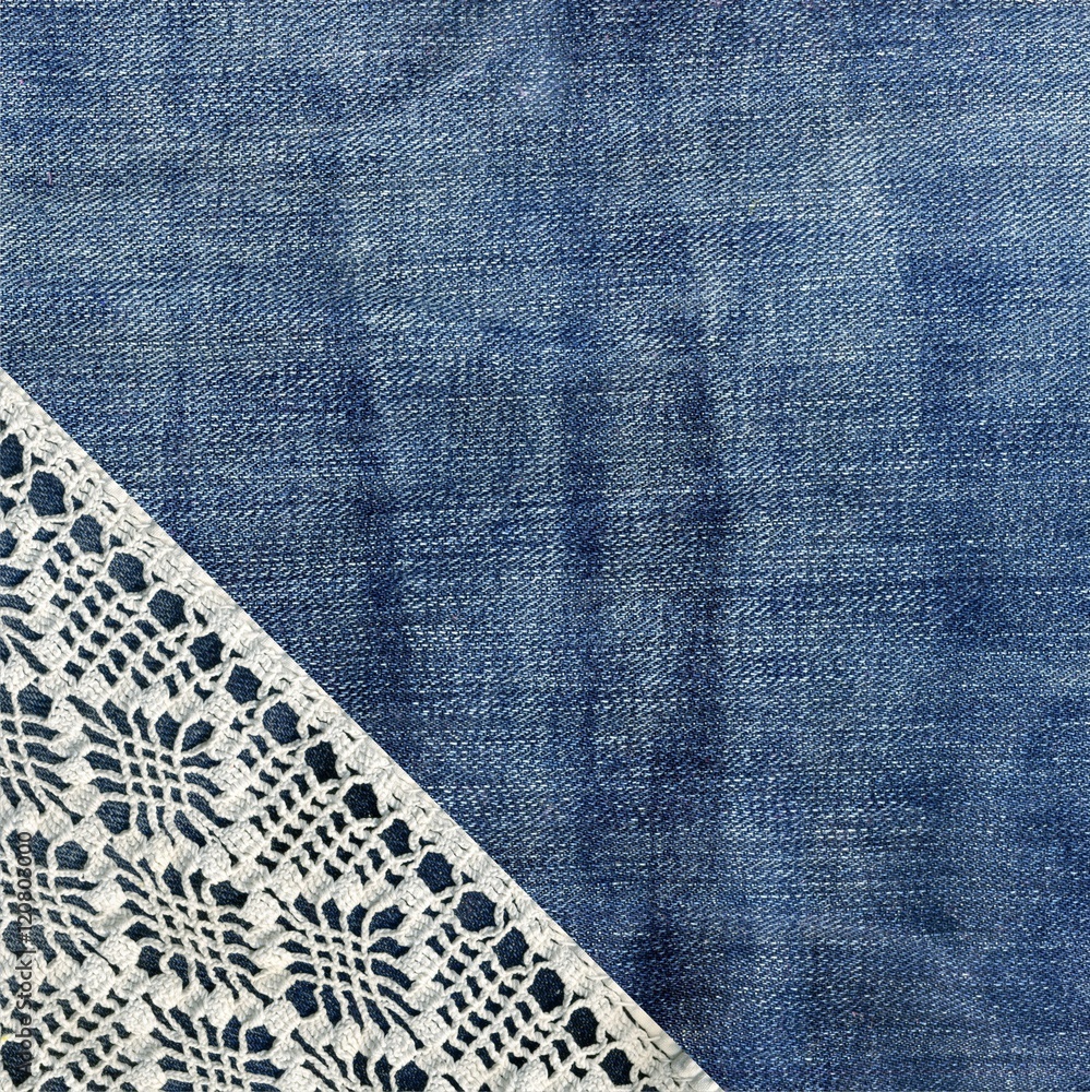Jeans and lace. Background with denim and handmade lace. Vintage ...