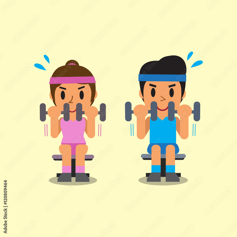 Cartoon man and woman doing dumbbell curl exercise Stock Vector | Adobe ...