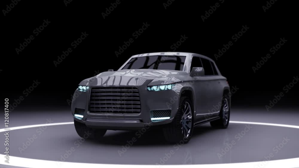 Modern car rotates, photo-realistic 3D car animation on a black ...