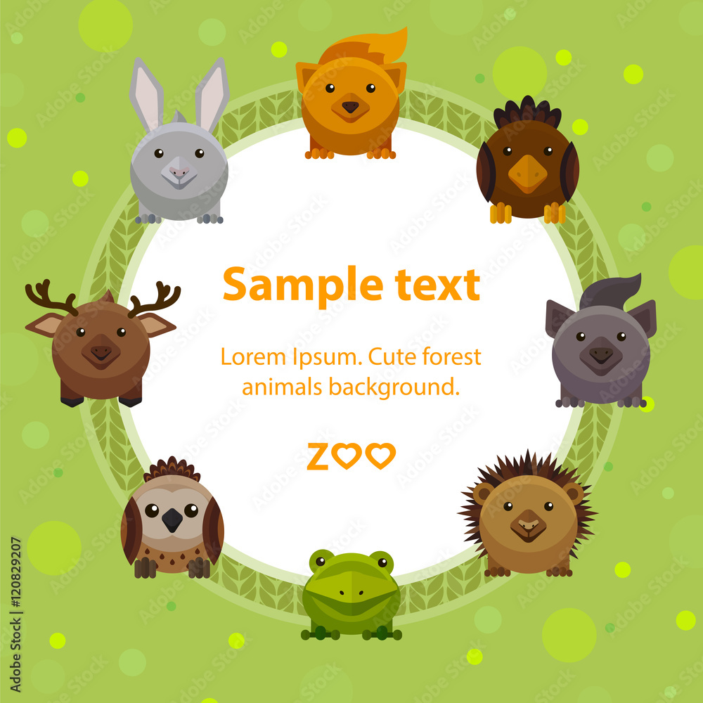 Zoo card design, poster with cute forest animals, flat style vector ...