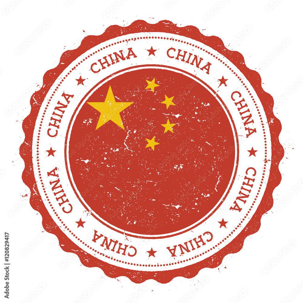 Grunge rubber stamp with China flag. Vintage travel stamp with circular ...