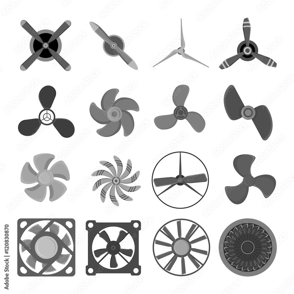 Turbines icons propeller fan rotation technology equipment. Fan blade ...