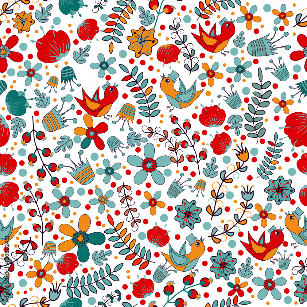 Vector flower pattern. Seamless texture, detailed birds, flowers ...
