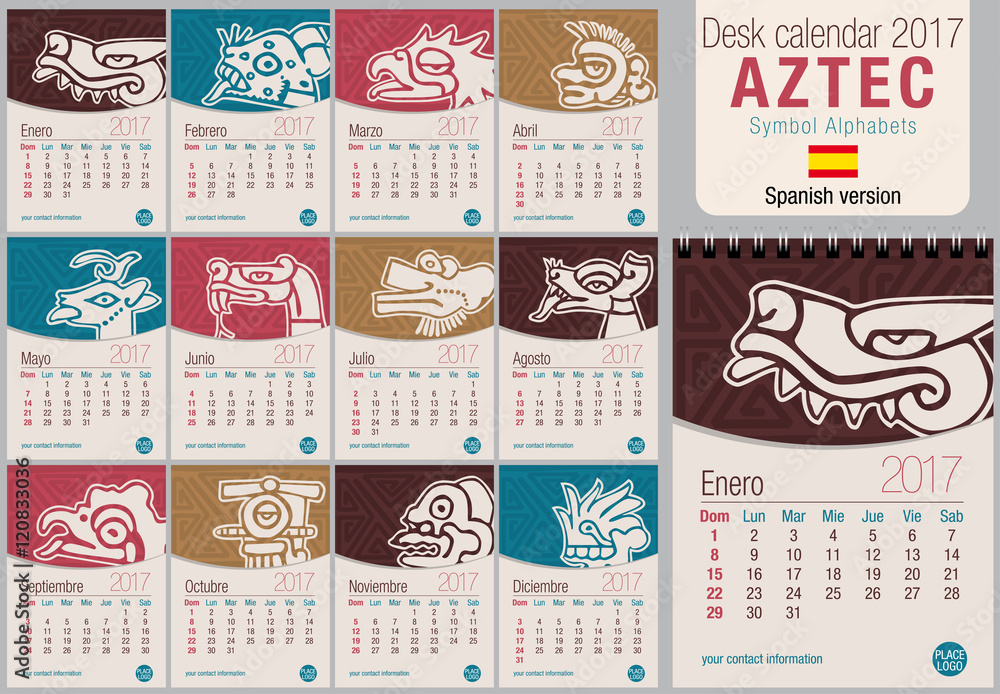 Desk triangle calendar 2017 template with Aztec symbols design. Size ...