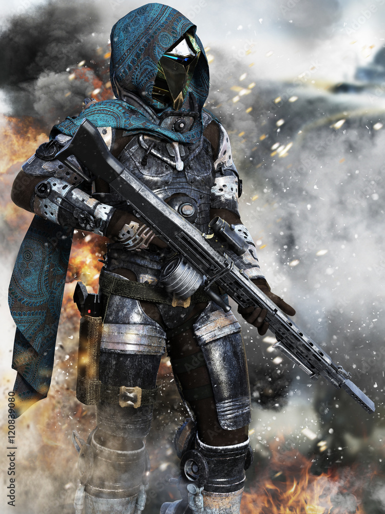 Futuristic ranger space Marine surveying the Battlefield . 3d rendering ...